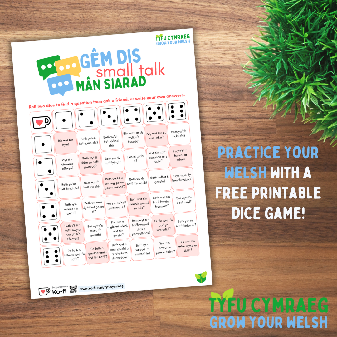 Free Easy Welsh Dice Game - Mân Siarad Small Talk - Tyfu Cymraeg